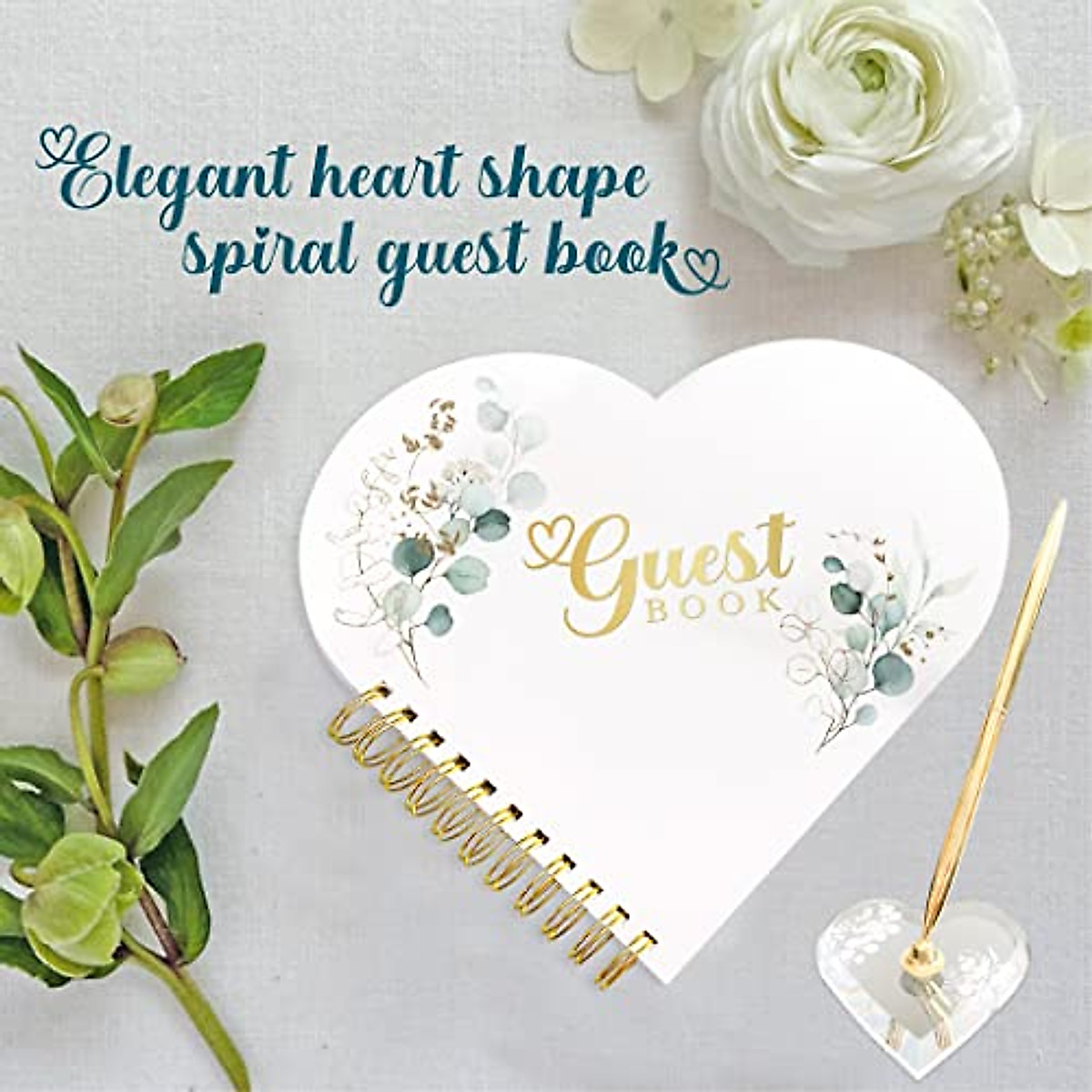 3 PCS Unique Heart Shape Wedding Guest Book, Guest Book Includes Metal Pen with Acrylic Pen Holder, Wedding Guest Book Alternative has 124 Pages, Guest Book Wedding Reception has a hardcover (Heart)