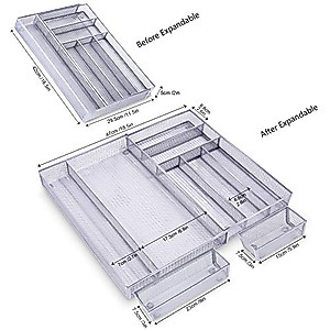 WuGeShop Expandable Kitchen Drawer Organizer, Large Silverware Organizer, Adjustable Mesh Utensils Cutlery Tray with Anti-slip Mat (7+2 Compartment, Silver)