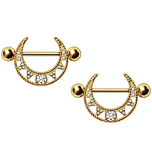 Pierced Owl 14GA Gold Plated Stainless Steel Jeweled Tribal Crescent Moon Nipple Shields, Sold as a Pair