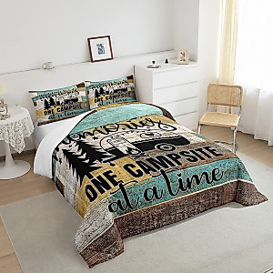Camper Theme Comforter Set Brown Green Wooden Cabin Bedding Set Queen Size 3pcs,Kids Boys Girls Room Decor Black Camping Car Sketch Quilted Duvet Men Women Rustic Style Duvet Insert,2 Pillowcases