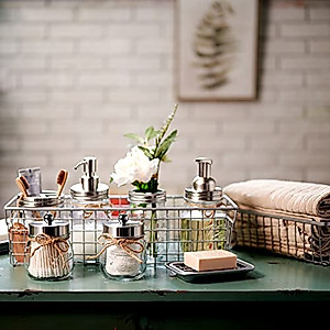 Mason Jar Bathroom Accessories Set- 6PCS - Lotion Soap Dispenser,Toothbrush Holder,2 Apothecary Jars(Qtip Holder), Soap Dish,Storage Organizer Basket - Rustic Farmhouse Decor (Brushed Nickel)