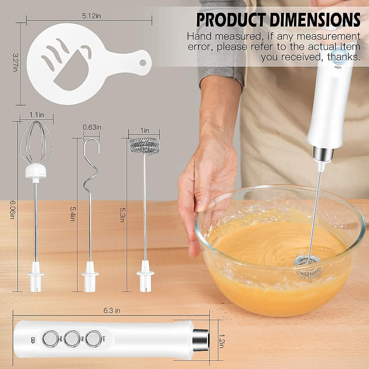 Hovico Milk Frother quiet Hand held Frother Whisk, USB Recharge able 3 Speeds for Cappuccino,Lattes,Egg Mix, Matcha, Hot Chocolate, 3 Stainless Steel Whisks(16Pcs Art Stencils Free) (White)