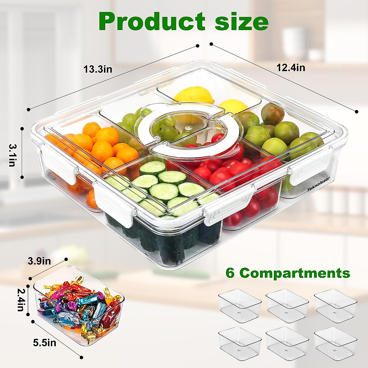 Divided Serving Tray with Lid & Handle, BPA-free Food Storage Container, Snack Box, 6 Compartment Snack Containers, Fruit Storage Containers for Fridge,Storage Organizer For Veggie,Fruit,Candy,Nuts