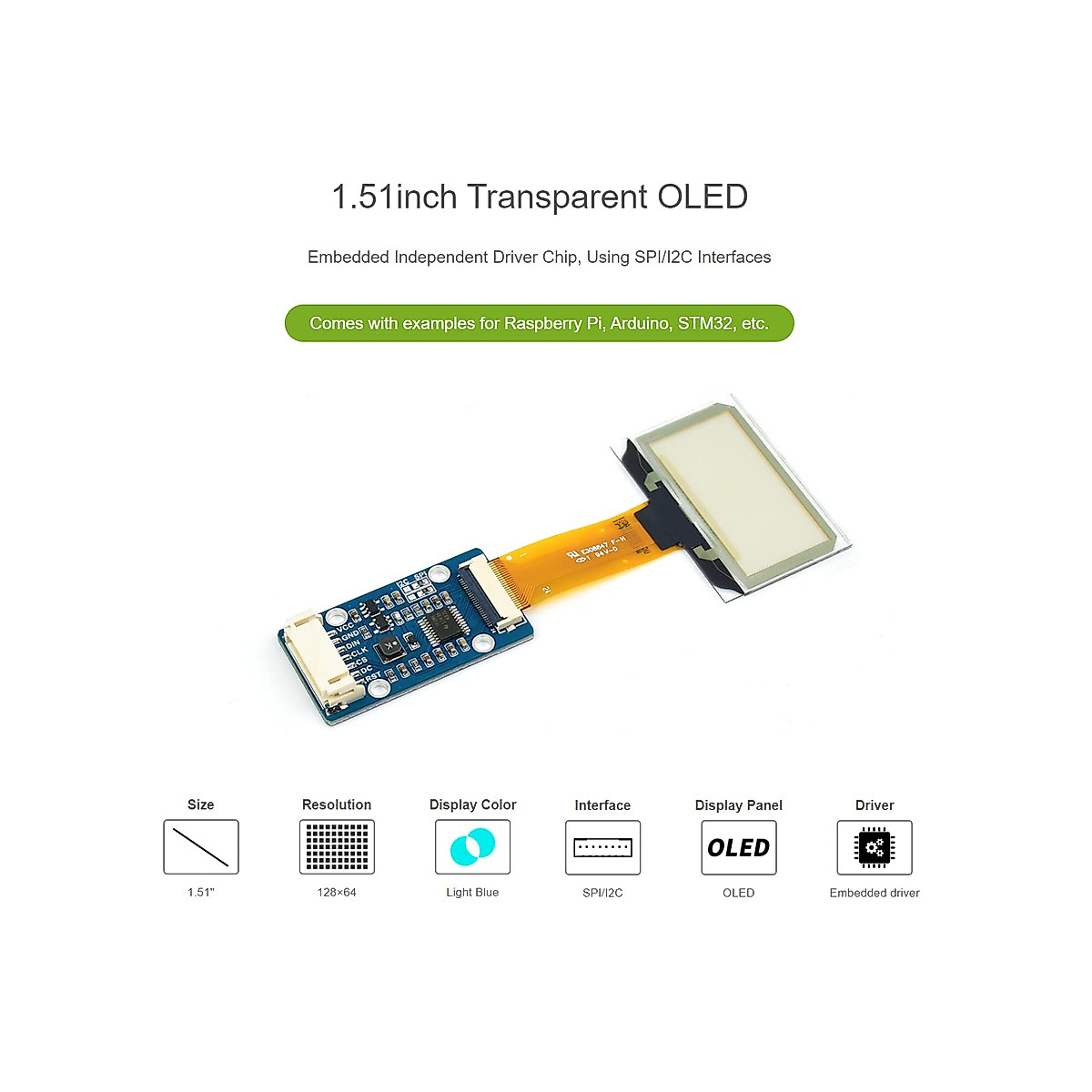 1.51inch Transparent OLED Display Module 128×64 Resolution Light Blue Color Display OLED for ...