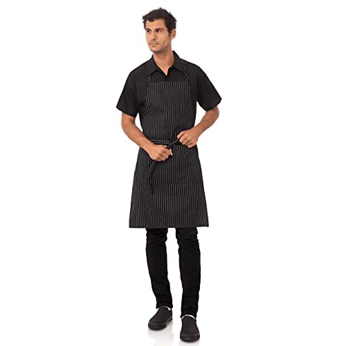 Chef Works Unisex Adjustable Bib Apron, Black W/ Wht Pinstripe, One Size