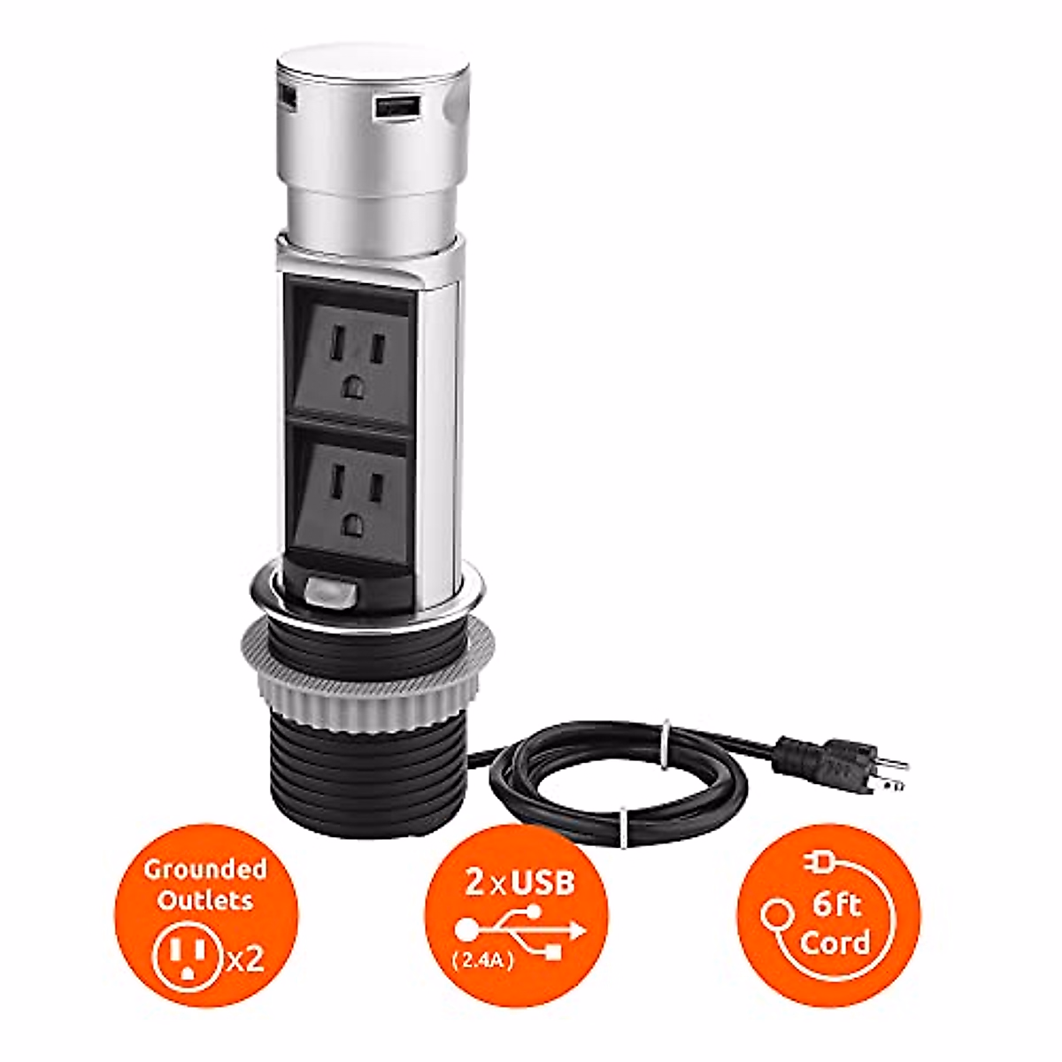 Link 2 Home Space Saver Pop Up Outlet Station with USB, 2 Power Outlets 15A, 2 USB Ports 2.4A Fast Charge Splash Resistant, Stainless-Steel Finish, for Kitchen Island, Office Table and Workshop