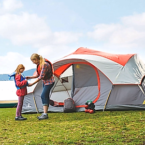 Outbound 8 Person 3 Season Lightweight Easy Set Up Dome Camping Tent with Room Divider, Heavy Duty Rainfly, Tent Stakes, and Carrying Bag, Red/Gray
