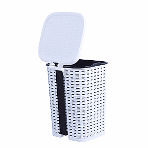 Superio Small Outdoor Trash Can with Lid for Dog Poop 3 Gallon/12 L Mini Plastic Garbage Can with Foot Pedal for Bathroom, Bedroom, Office, Patio, Wicker White