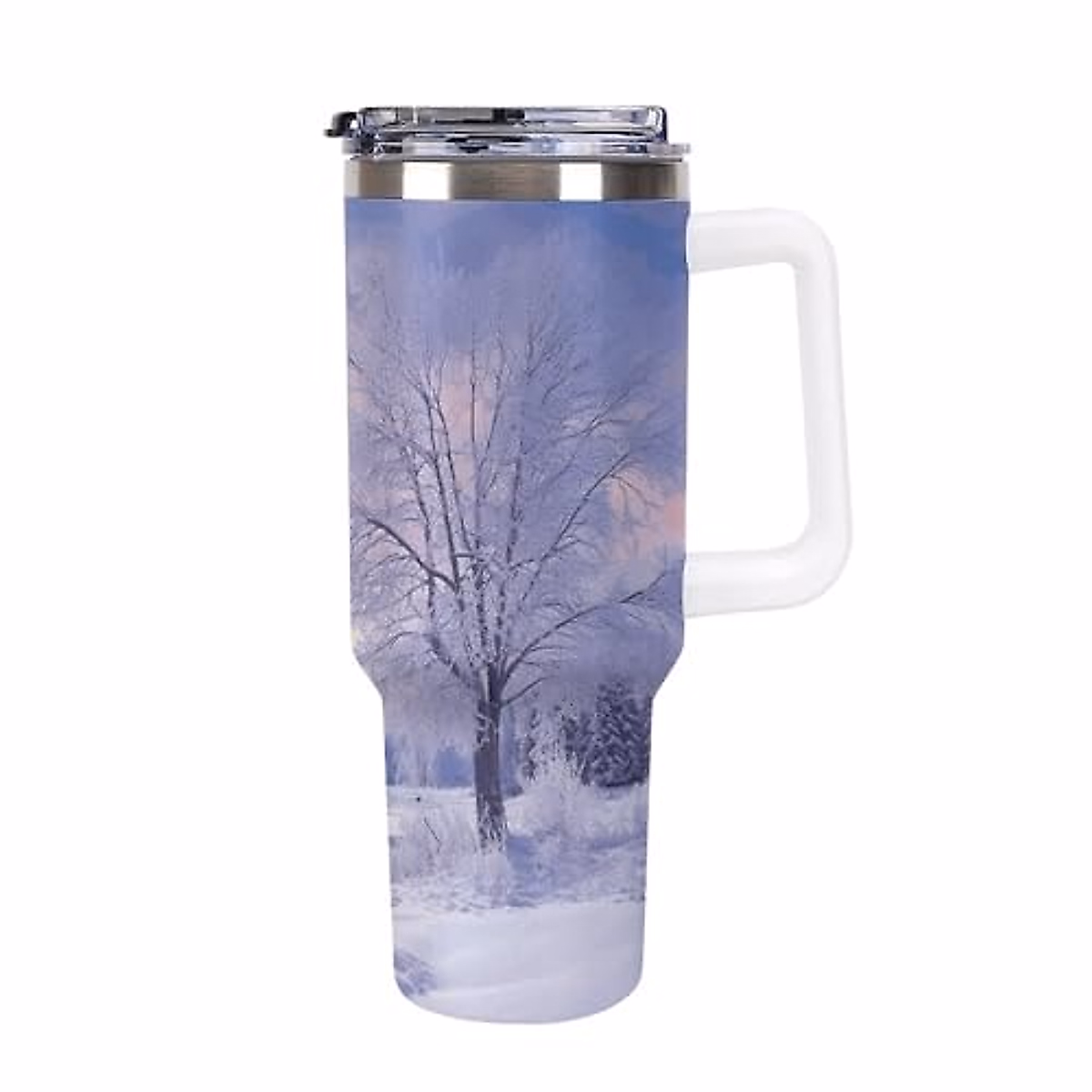 LLUTSNTH 40 Oz Vacuum Tumbler with White Handle Leakproof Insulated Tumbler Winter Landscape Stainless Steel Travel Mug with Lid And Straw Coffee Cup Cute Water Bottles Cup Holder Friendly