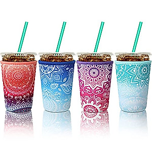 4 Pieces Reusable Coffee Sleeve Cup Insulator for Cold Drinks Beverages and Neoprene Holder for Most Coffee (22-24 oz Medium,Datura Style)