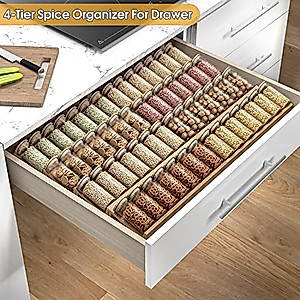 FZFHSJ Spice Rack, 4-Tier Large Capacity Insert Spice Organizer for Cabinet Kitchen Drawer Bamboo