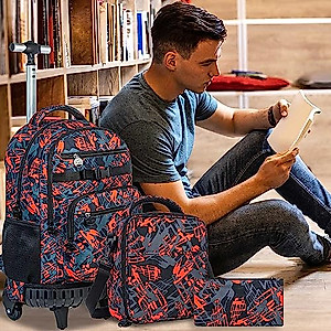 ZLYERT 3PCS Rolling Backpack for Boys, Travel Wheeled Backpacks for Adults, Teens College Roller Bookbag with Wheels for Men - Red