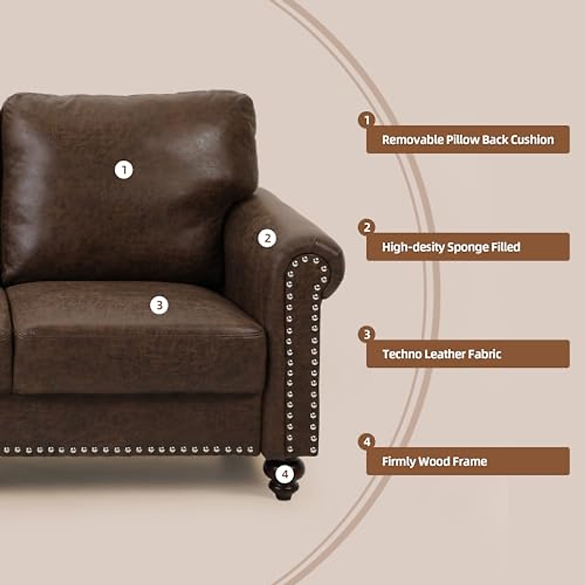 INMOZATA Leather Sofa for Living Room 80 inch Modern Couch, Tufted Cushions Upholstery Leather Couches with Nailhead Trim 3-Seater Sofa for Apartment, Lounge Room,Bedroom,Dark Brown