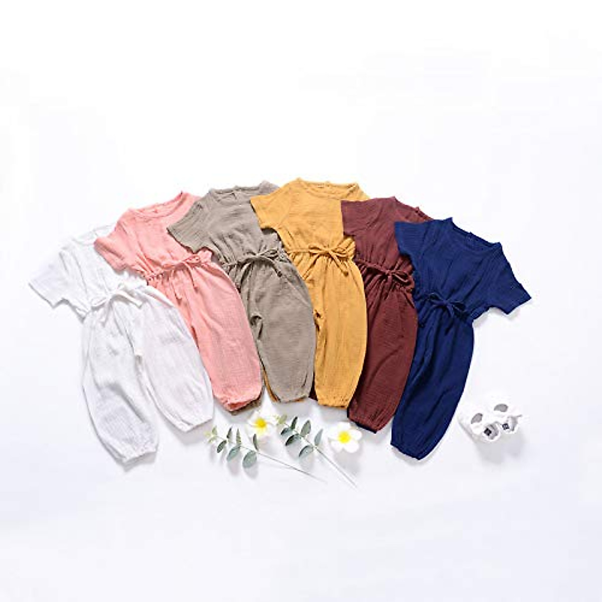 Mubineo Toddler Baby Girl Summer Fall Basic Plain Short Sleeve Cotton Linen Drawstring Romper Jumpsuit (Peach Pink, 2-3T)