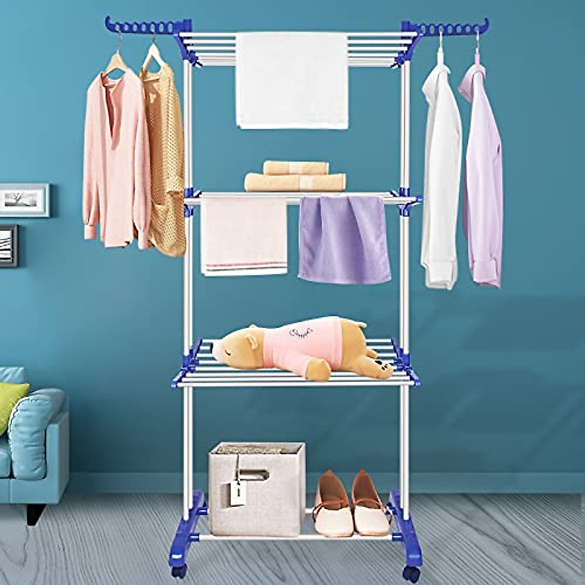innotic Clothes Drying Rack, Stainless Steel Oversized 4-Tier Collapsible Rolling Drying Rack Clothing Folding Laundry Drying Rack Stand Indoor/Outdoor with Side Wings and Casters Gray Blue