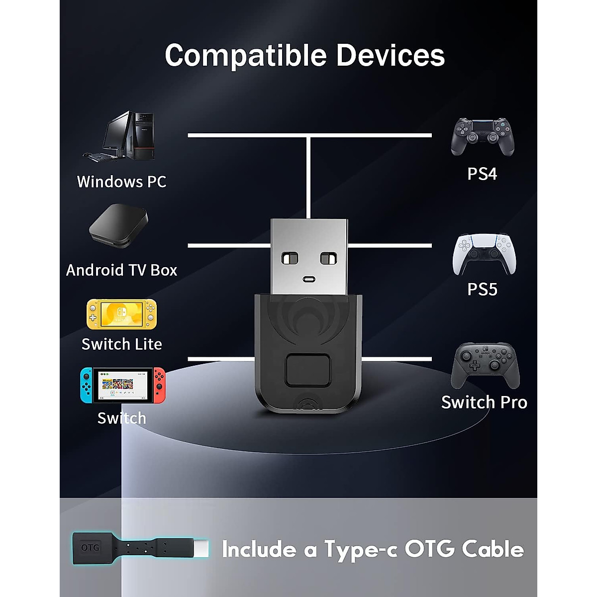 AOLION Bluetooth Adapter for PS4/PS5/Switch, Wireless Controller Adapter, Compatible with PS4, PS5, Switch, Windows PC, Android TV Box, Steam