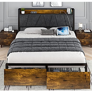 Catrimown Full Size Bed Frame with Charging Station and Storage Headboard, Platform Bed Frame Full Size with Storage Drawers, No Box Spring Needed/Strong Slat Support/Easy Assembly, Rustic Brown