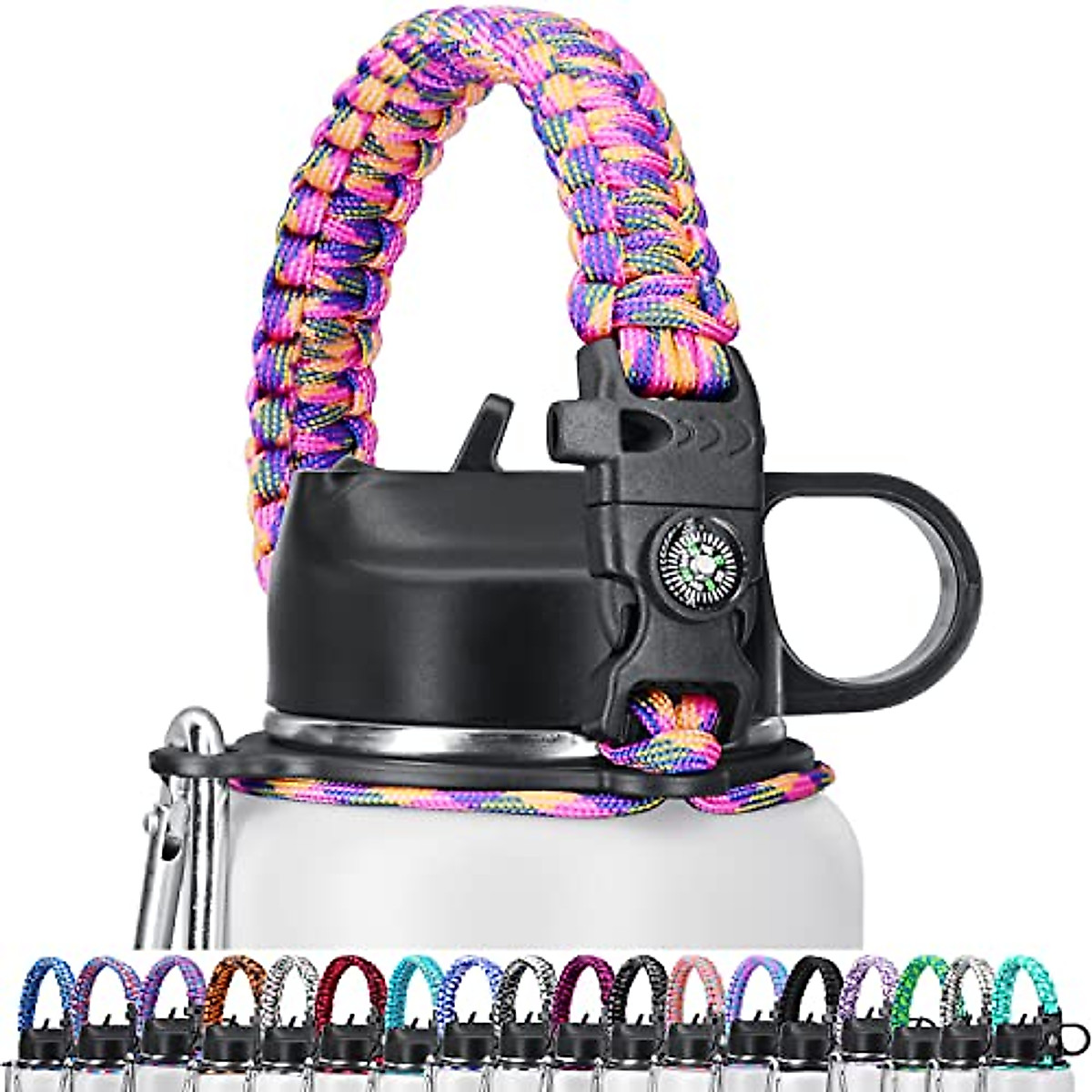 Affute Paracord Handle,Fits Wide Mouth Bottles 12-40 oz, Water Bottle Handle Strap with Safety Ring,Carabiner,Survival Whistle,Compass,Accessories for Walking Hiking Camping (Rainbow 1)