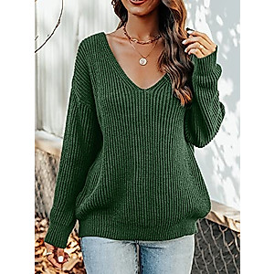 CUPSHE Women's Casual V Neck Sweater Fall Knit Oversize Fitted Pullover with Long Sleeves, Green S