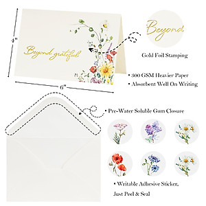 Crisky Beyond Grateful Thank You Cards 4 Assortment, Printable Watercolor WildFlowers (50 Cards with Envelopes for Birthday, Baby Shower, Bridal Shower, Wedding, All Occasion)