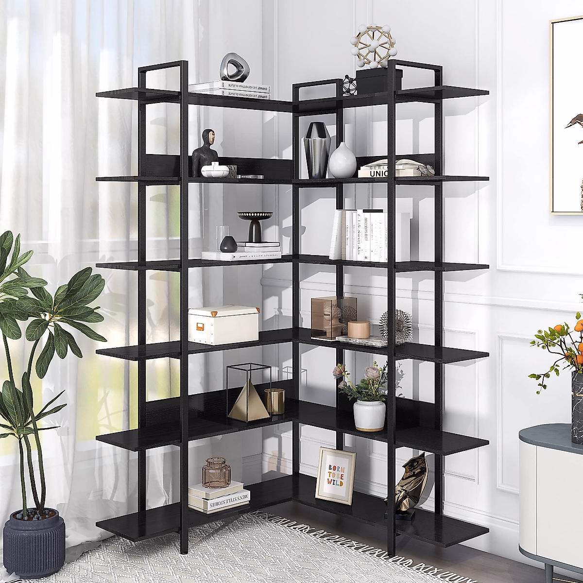 ASTRAEUS Bookshelf 6 Tiers Corner Bookcase L Shaped Shelf,Black