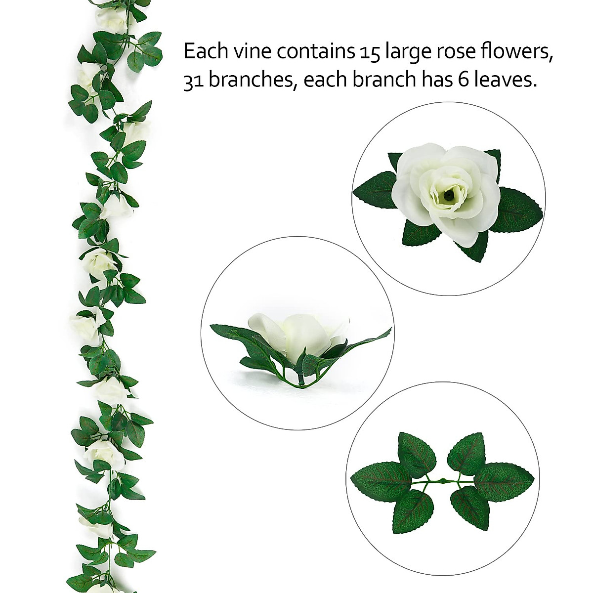 Flower Vines Rose Garland Silk Flowers White Flower Garland Faux Flowers Decor Indoor Fake Vines With Fake Flowers Artificial Flowers Outdoor Home Wedding Party Garden Wall Decoration(4 Pack /30.4 Ft)