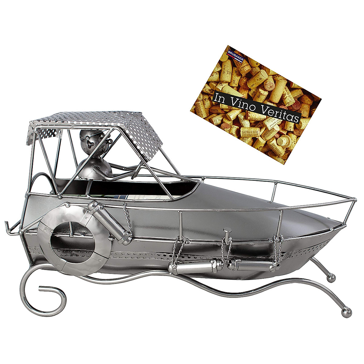 BRUBAKER Wine Bottle Holder 'Motor Boat' - Table Top Metal Sculpture - with Greeting Card