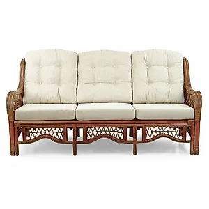 Malibu Lounge Three-Seater Sofa Natural Rattan Wicker Handmade Design with Cream Cushions, Colonial