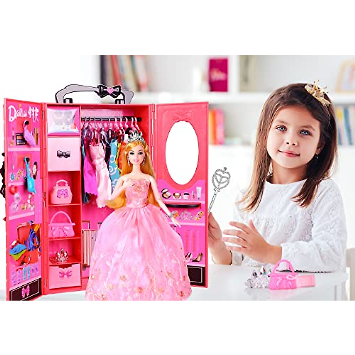 UCanaan 11.5 Inch Girl Doll and Closet Set with Clothes and Accessories-Lot 51 Items Including Fashion Dolls,Wardrobe, Trunk, Casual Wear, Dress, Swimsuits, Hangers, Shoes, Bags and Necklaces