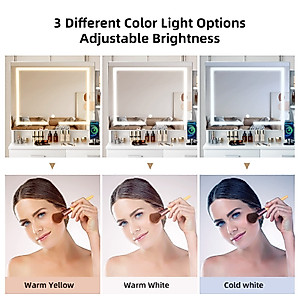 SMOOL 47" Large Vanity with Sliding Lighted Mirror, Makeup Vanity Desk with Power Outlet, 3 Color Lighting Modes Adjustable Brightness, Vanity Table Set with Movable 3-Drawer Chest and Shelves, White
