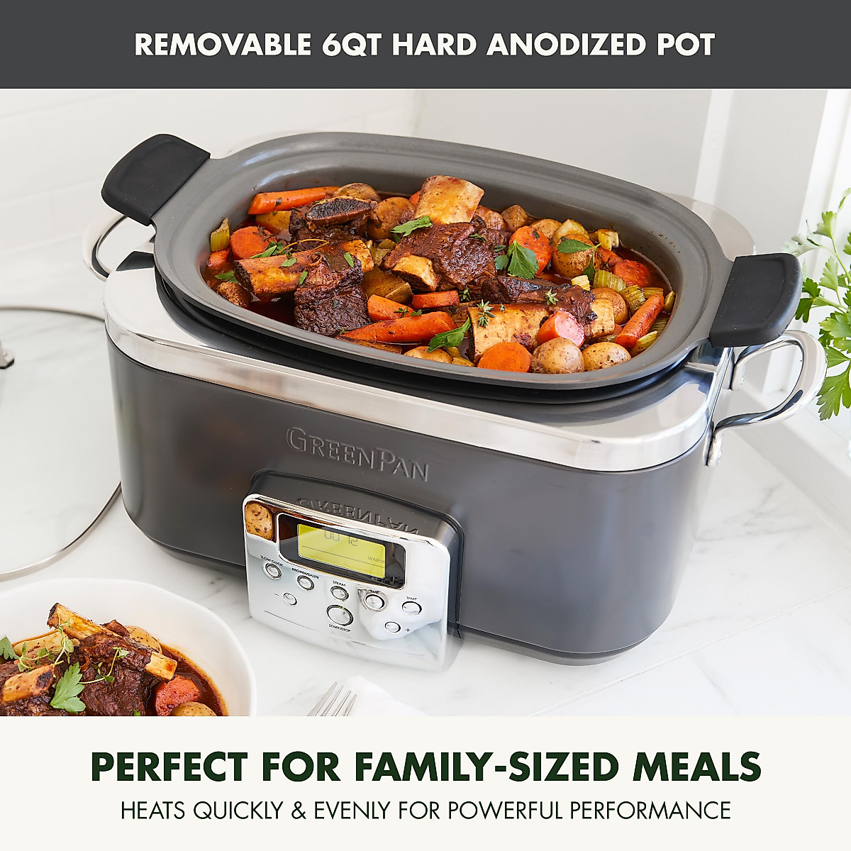 GreenPan Elite 8-in-1 Programmable 6QT Electric Slow Cooker, Dishwasher Safe Lid & Removable Crock, PFAS-Free Healthy Ceramic Nonstick Multi-Cooker, Sear,Sauté/Brown,Steam Basket,Roast, Graphite