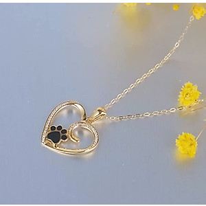 SISGEM 14k Yellow Gold Heart Pendant Necklace for Women, Real Gold Dog Cat Paw Print Jewelry Gifts for Her, 16+1+1 Inch