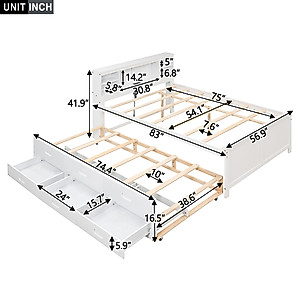 Harper & Bright Designs Full Size Bed with Bookcase Headboard, Wooden Full Platform Bed with Trundle and Drawers,Full Storage Bed with USB Ports Outlets for Kids Girls Boys,White