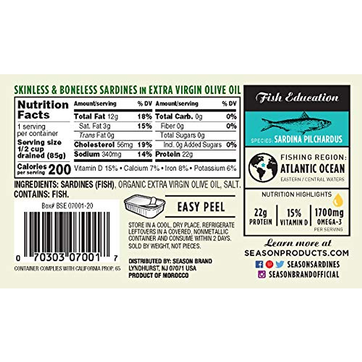 Season Sardines in Extra Virgin Olive Oil – Skinless & Boneless, Wild Caught, 22g of Protein, Keto Snacks, More Omega 3's Than Tuna, Kosher, High in Calcium, Canned Sardines – 4.37 Oz Tins, 12-Pack