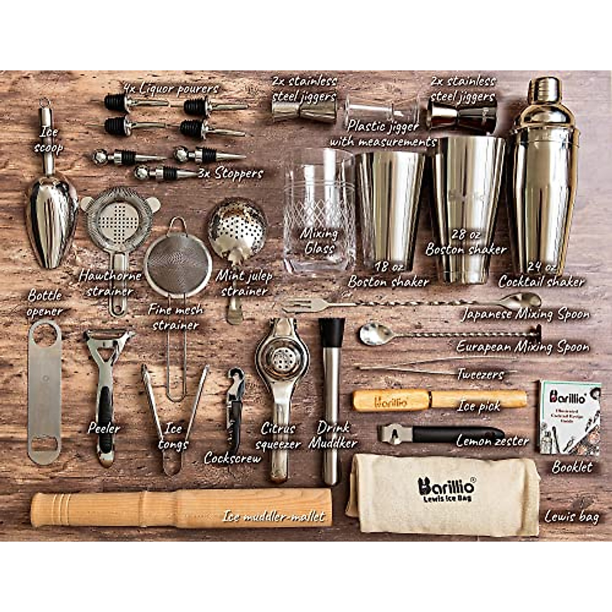 Cocktail Shaker Set Bartender Kit by BARILLIO: Complete Bar Tool Set ...