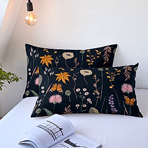 CCoutueChen Black Floral Duvet Cover King Size Vibrant Flower Leaves Printed Pattern Bedding Set with Butterfly 3 Pieces Soft Comfortable Microfiber Cover with Zipper and Ties