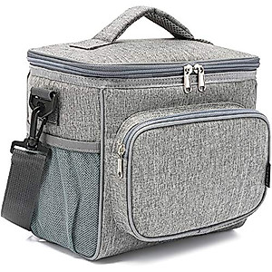 FlowFly Insulated Reusable Lunch Bag Adult Large Lunch Box for Women and Men with Adjustable Shoulder Strap,Front Zipper Pocket and Dual Large Mesh Side Pockets,Grey