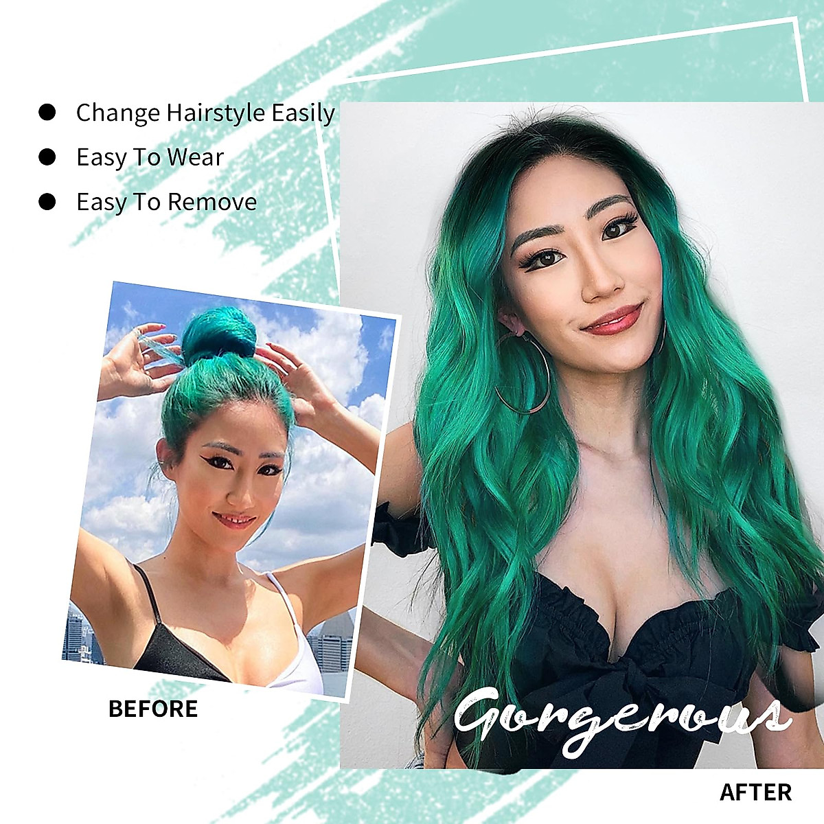 Lativ Long Wavy Wig for Women Ombre Green Middle Part Wigs Teal Wigs Long Curly Synthetic Heat Resistant Hair with Natural Hairline for Cosplay Party Everyday Use