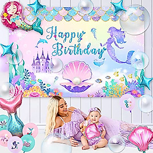 Winrayk Little Mermaid Birthday Party Decorations for Girls Pink Mermaid Balloon Arch Garland Backdrop Tablecloth Mermaid Tail Shell Star Bobo Balloon Princess Ariel Mermaid Party Decorations Supplies