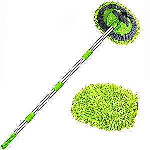 WillingHeart 63" Car Wash Mop Brush Tool Mitt with Long Handle Length More Suitable for Washing American Cars Truck, SUV, RV, Trailer, 2 in 1 Chenille Microfiber Duster Not Hurt Paint Scratch Free