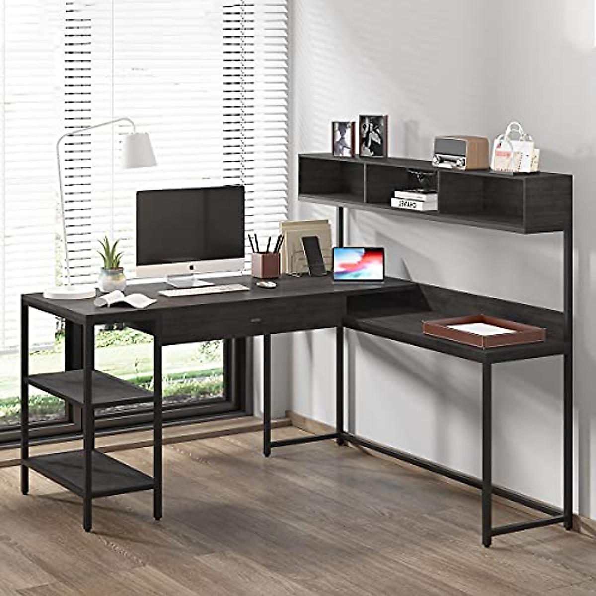HEAO L-Shaped Corner Desk with Multiple Shelves and Drawer Space-Saving Computer Home & Office Desk (Dark Grey)