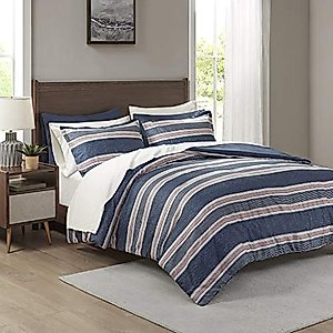 Comfort Spaces Bed in A Bag Comforter Set - College Dorm Room Essentials for Boys Men Bedding, Complete Dormitory Bedroom Pack And Sheet with 2 Side Pockets, Full, Stripes Navy/Red