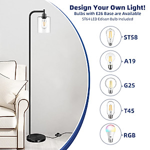 Industrial Floor Lamp with Hanging Glass Shade Black Farmhouse Indoor Pole Light with Edison E26 Base Vintage Rustic Standing Tall Lighting for Living Room Bedroom Office(ST64 Bulb Included)