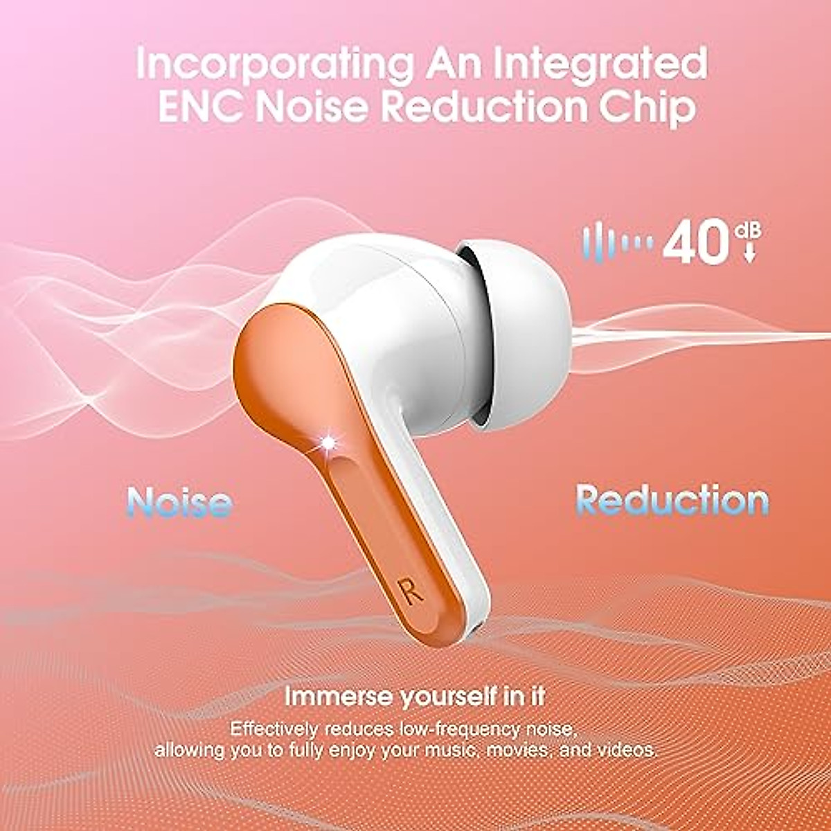 Wireless Earbuds, Bluetooth 5.3 Headphones with 4 ENC Noise Cancelling Mic, Bluetooth Earbuds 40H Playtime , Wireless Headphones in ear Earphones Deep Bass Stereo, LED Display, IP7 Waterproof, Orange