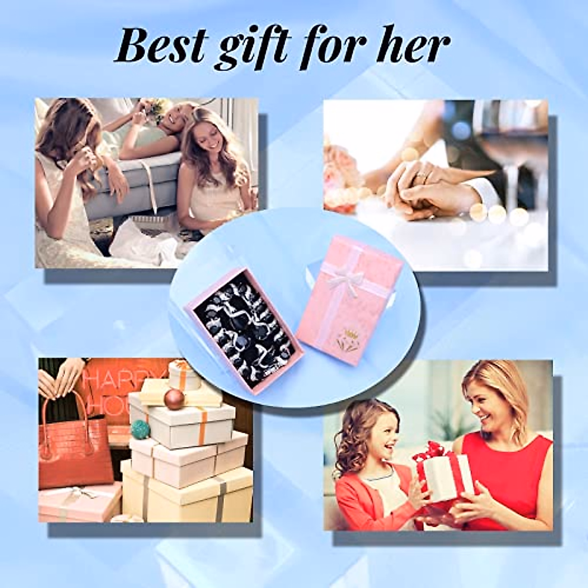 GZWHD Jewelry Set Gift for Women, Black Waterdrop Created Spinel, Party Prom Jewelry, Silver-Tone Earrings Necklace Bracelet Open Ring, Birthday Gifts for Best Friends Mom