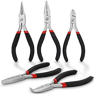 Premium Needle Nose Pliers Set – 5Pcs Anti-slip Comfort Grip Small Pliers Set - Round Nose, Toothless Needle Nose, Flat Nose, Diagonal & Toothed Needle Nose Pliers for Jewelry Making - By MaxoPro
