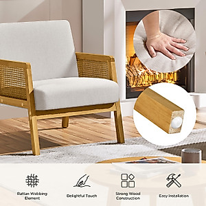 Yaheetech Beige Accent Chair, Armchair with Wood Legs, Mid Century Living Room Chair, Linen Fabric Lounge Chair for Bedroom Reading Room, Beige