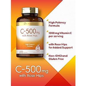 Carlyle Vitamin C with Rose Hips 500mg | 200 Caplets | High Potency Formula | Vegetarian, Non-GMO and Gluten Free Supplement