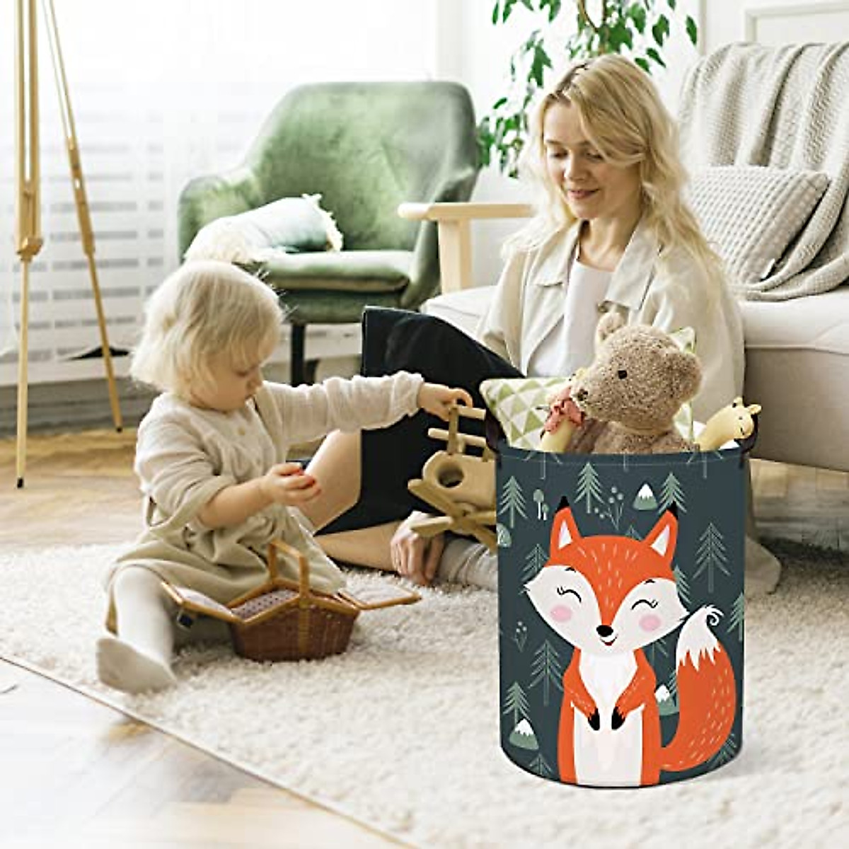 Clastyle 45L Smile Foxes Kids Laundry Baskets for Bedroom Collapsible Waterproof Tree Laundry Hamper with Drawstring for Toys, 14.2 * 17.7 in
