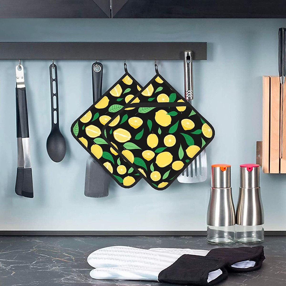 Square Insulated Pot Holder Sets of 2,Lemon Fruit Printed Pot Holders for BBQ Cooking Baking